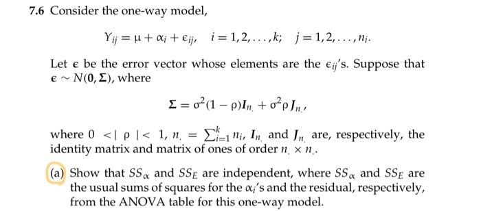 Solved 7.6 Consider the one-way model, Yij = u + & + €iju i | Chegg.com