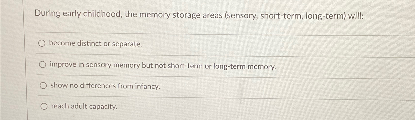 Solved During early childhood, the memory storage areas | Chegg.com