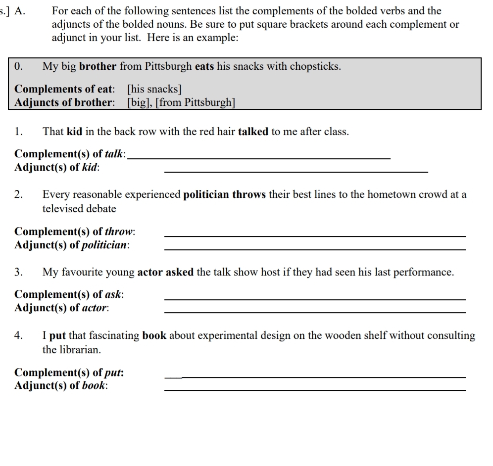 Solved s.] ﻿A. ﻿For each of the following sentences list the | Chegg.com