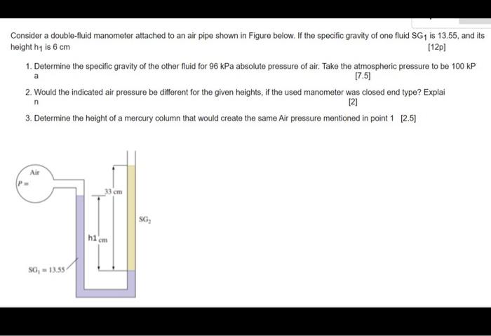 Solved Consider a double-fluid manometer attached to an air | Chegg.com