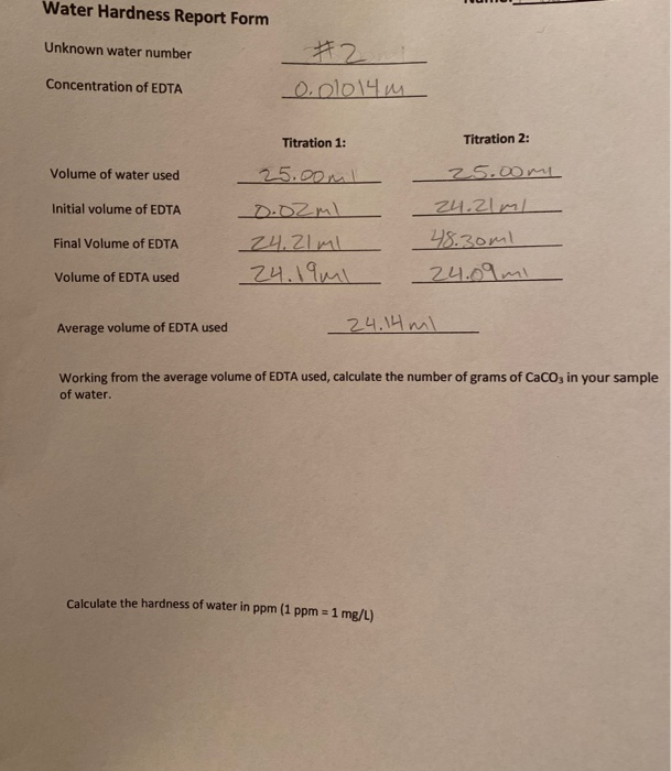 Solved Water Hardness Report Form Unknown water number #2 | Chegg.com