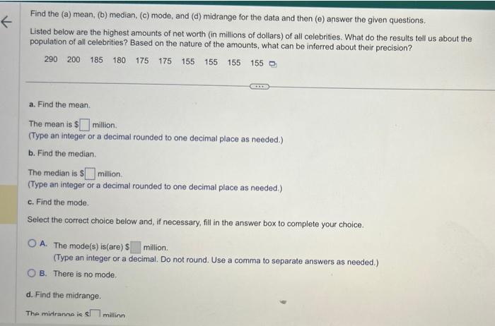 Solved Find the (a) mean, (b) median, (c) mode, and (d) | Chegg.com