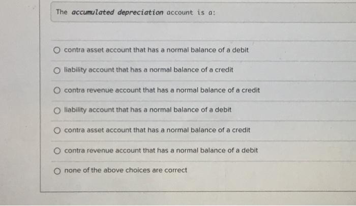 Solved The accumulated depreciation account is a: O contra | Chegg.com