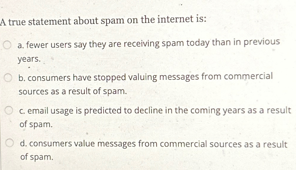 Solved A true statement about spam on the internet is:a. | Chegg.com