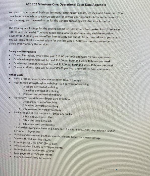 ACC 202 Milestone One: Operational Costs Data | Chegg.com