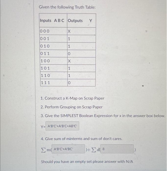 Solved Given the following Truth Table: 1. Construct a K-Map | Chegg.com