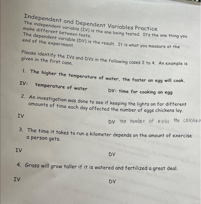 Solved Independent and Dependent Variables Practice The | Chegg.com