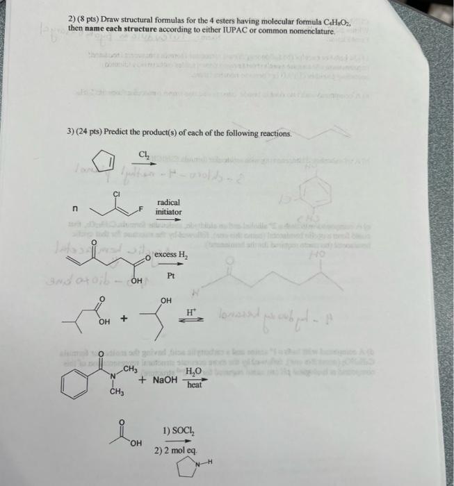 Solved 2) (8 pts) Draw structural formulas for the 4 esters | Chegg.com