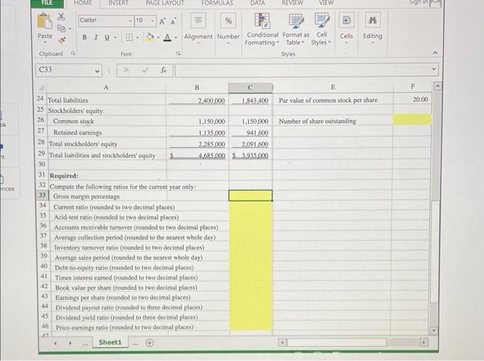Solved Calculating Select Financial Ratios using Excel's | Chegg.com