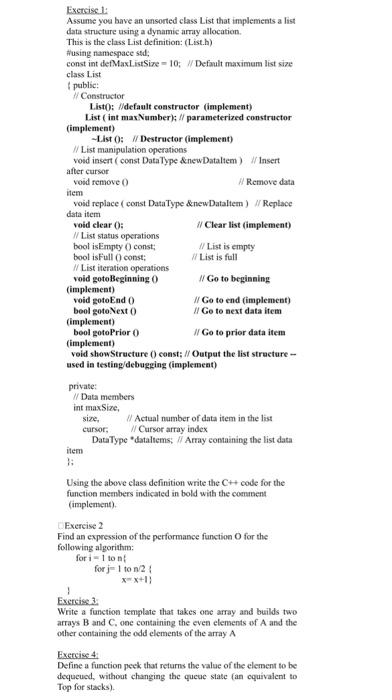Solved Exctcisel: Assume you bave an unsorted class List | Chegg.com