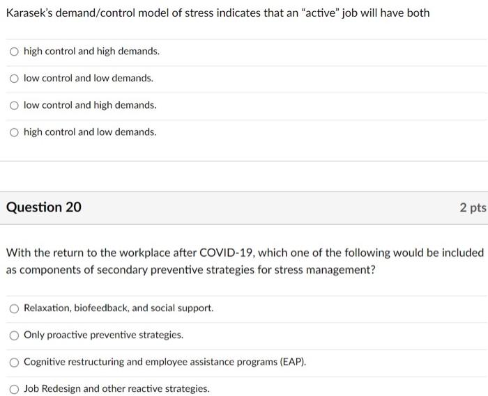 Solved Karasek's demand/control model of stress indicates | Chegg.com