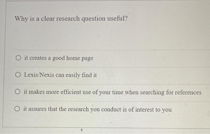 Solved Why is a clear research question useful? O it creates | Chegg.com
