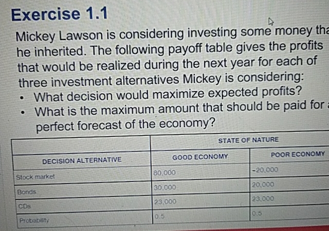 Solved Exercise 1.1Mickey Lawson is considering investing | Chegg.com