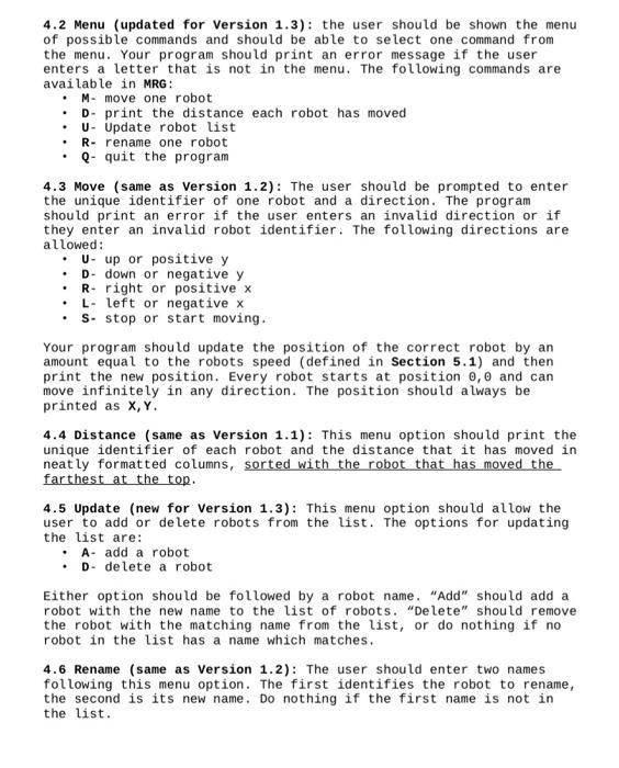 Solved 4.2 Menu (updated for Version 1.3): the user should | Chegg.com