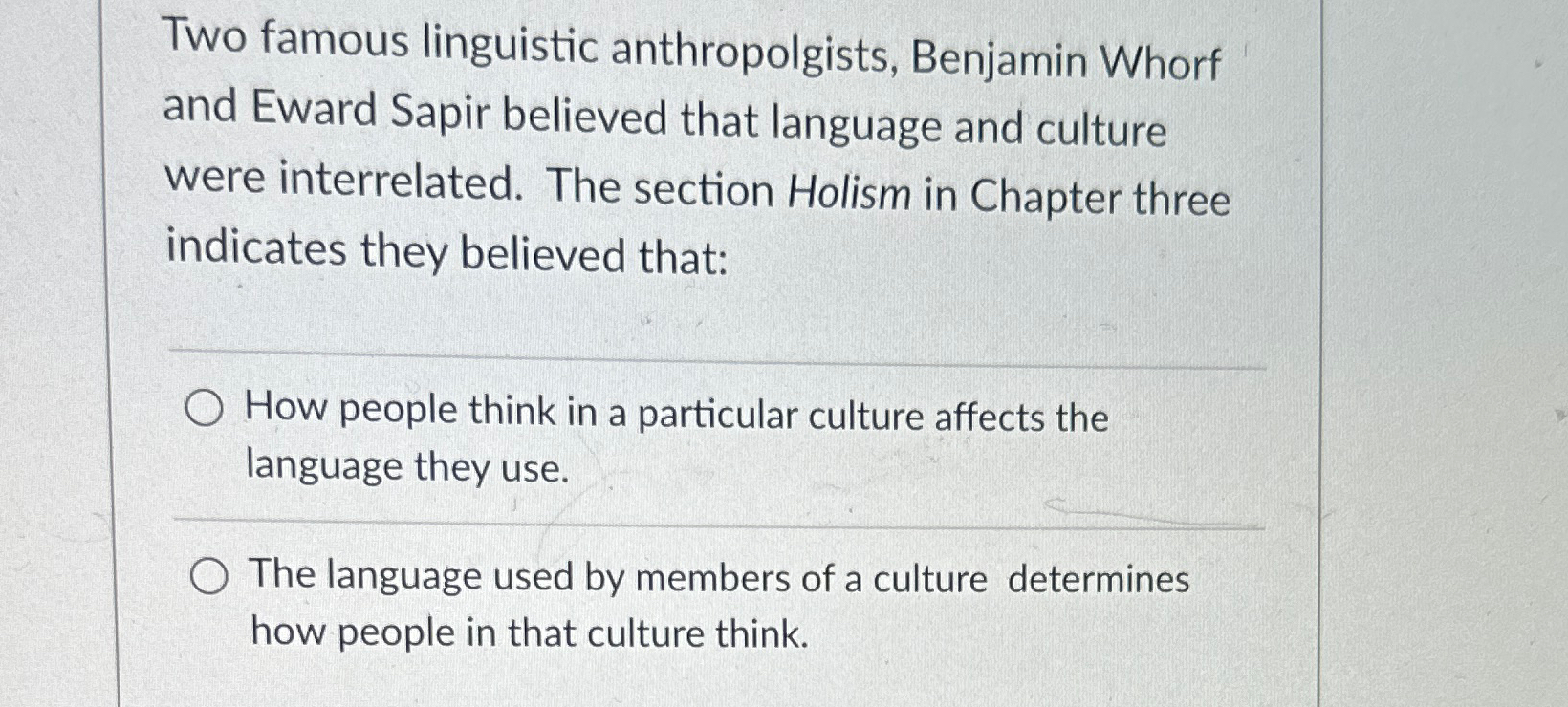 Solved Two famous linguistic anthropolgists, Benjamin Whorf | Chegg.com