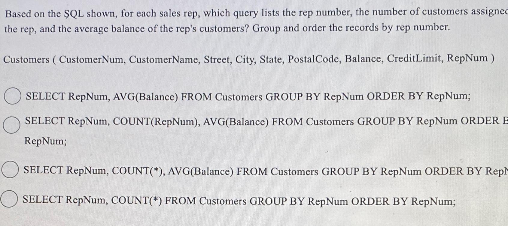 Solved Based on the SQL shown, for each sales rep, which | Chegg.com