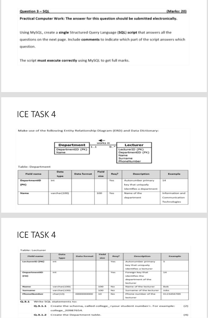 Solved Question 3 - SQL (Marks: 20) Practical Computer Work: | Chegg.com