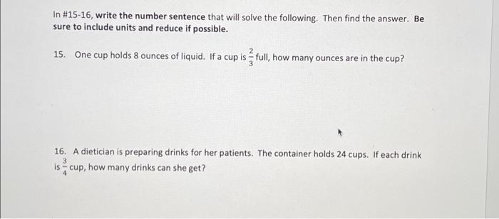 Solved In #15-16, write the number sentence that will solve | Chegg.com
