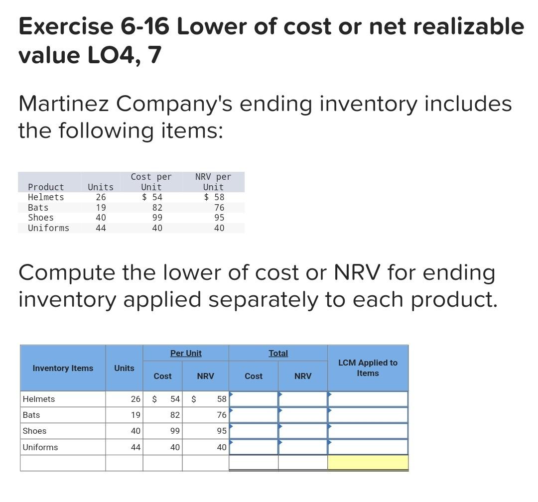 Solved Exercise 6-16 Lower of cost or net realizable value | Chegg.com