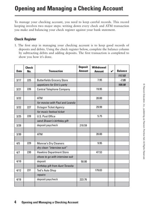 Solved Opening And Managing A Checking Account To Manage Chegg