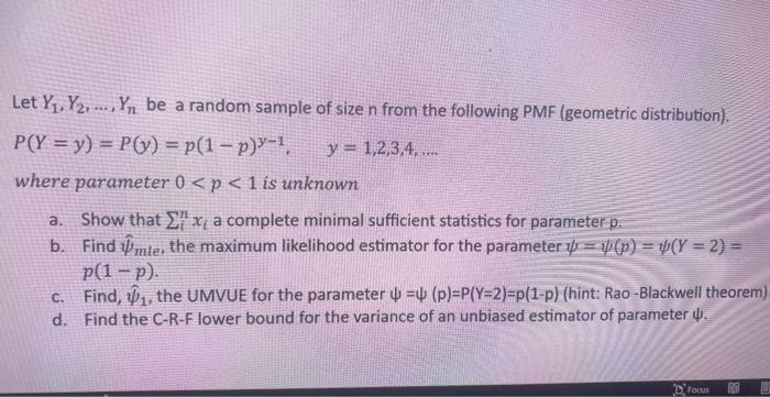 Solved Let Y1,Y2,…,Yn be a random sample of size n from the | Chegg.com