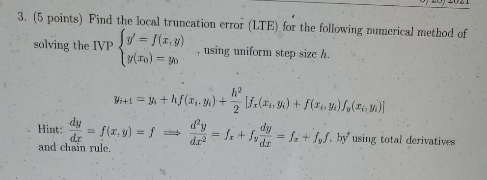 Solved 3. (5 points) Find the local truncation error (LTE) | Chegg.com