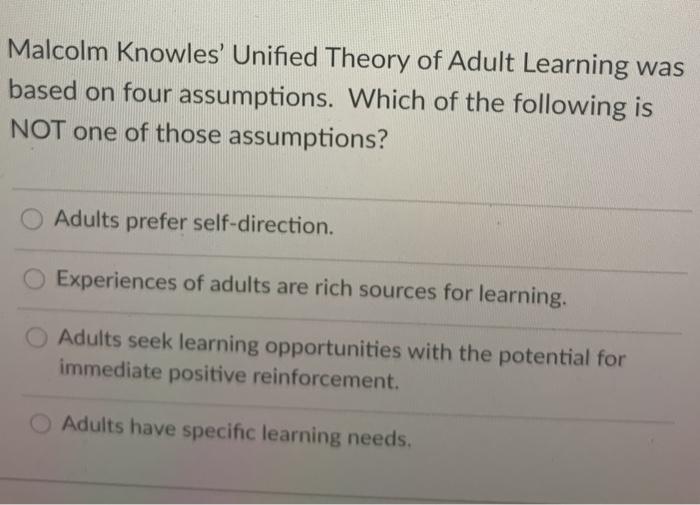 Solved Malcolm Knowles' Unified Theory of Adult Learning was | Chegg.com