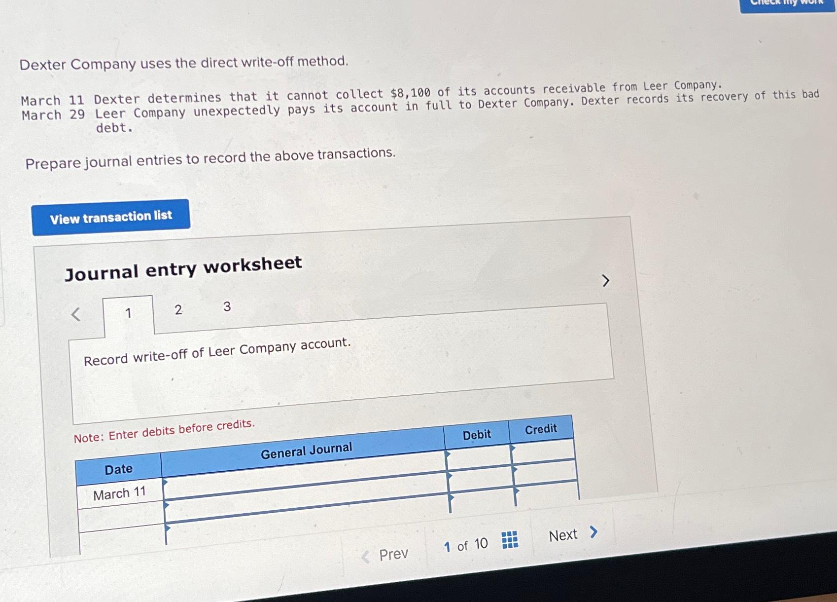 Solved Dexter Company uses the direct write-off method.March | Chegg.com