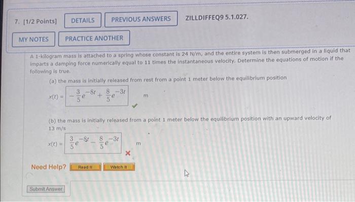 Solved A 1-kilogram mass is attached to a spring whose | Chegg.com