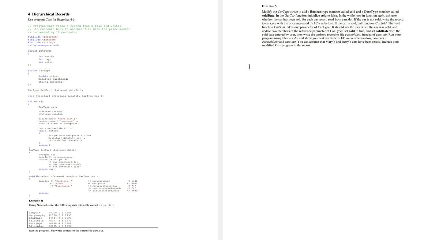 Solved 4 ﻿Hierarchical RecordsUse program Cars for Exercises | Chegg.com