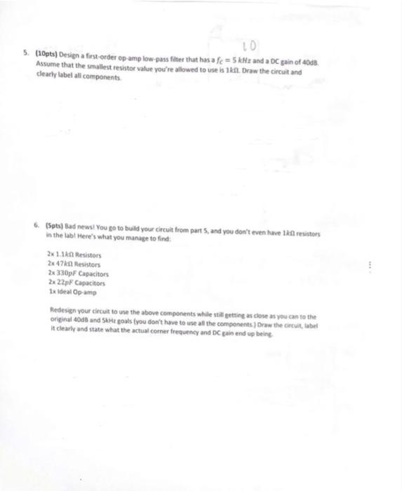 Solved 5. (10pts) Design a first-order op-amp low-pass | Chegg.com