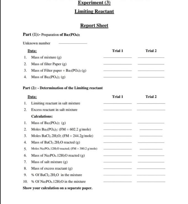 Experiment (3) Limiting Reactant Report Sheet Part | Chegg.com