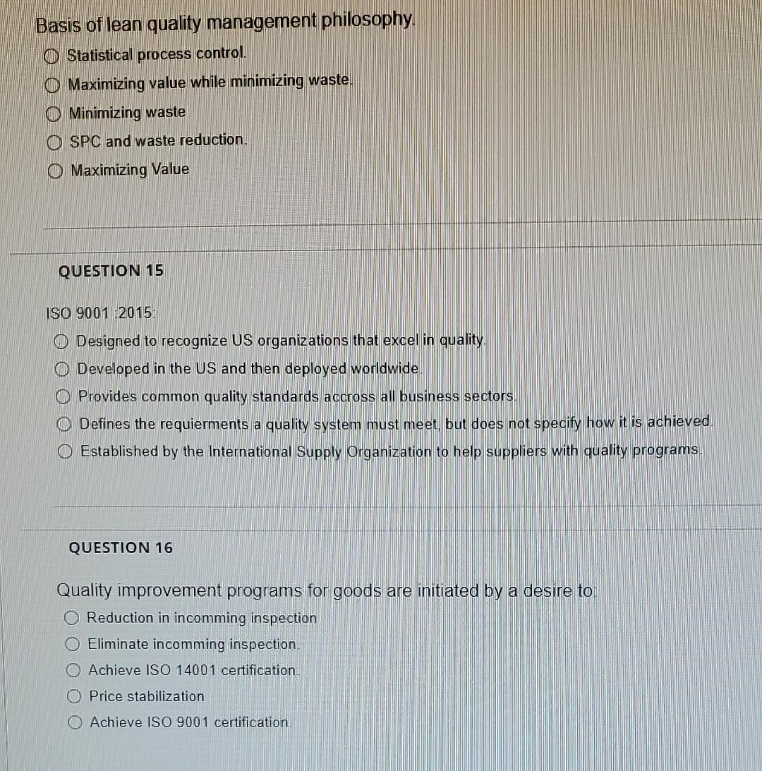 Solved Basis of lean quality management philosophy. | Chegg.com