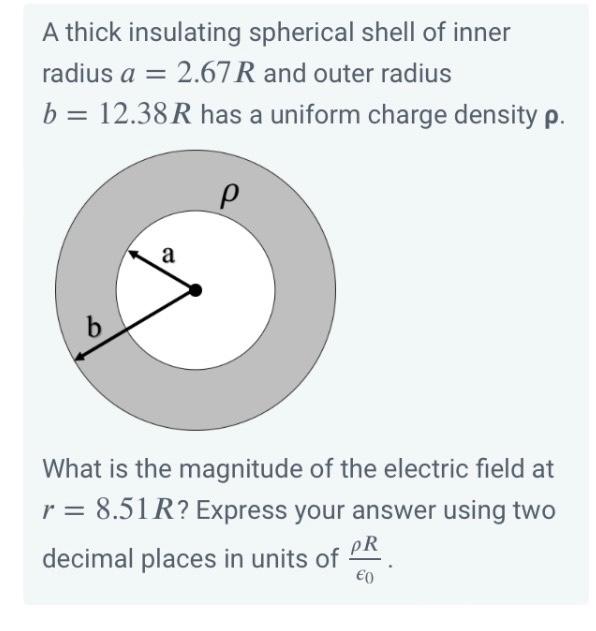 Solved A thick insulating spherical shell of inner radius | Chegg.com