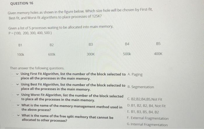 Solved QUESTION 16 Given memory holes as shown in the figure | Chegg.com