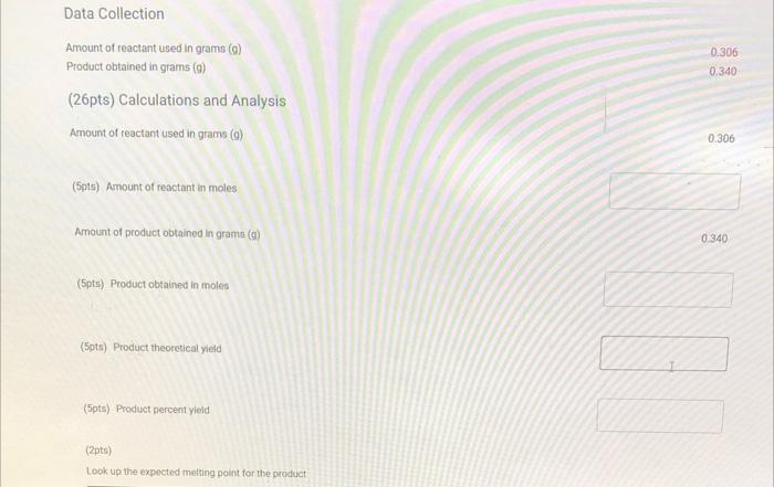 Solved Data Collection 0.306 0.340 Amount of reactant used | Chegg.com