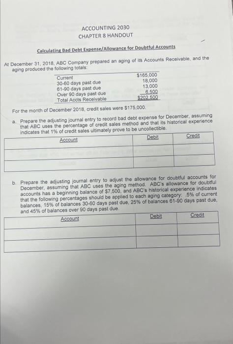Solved ACCOUNTING 2030 CHAPTER 8 HANDOUT Calculating Bad | Chegg.com