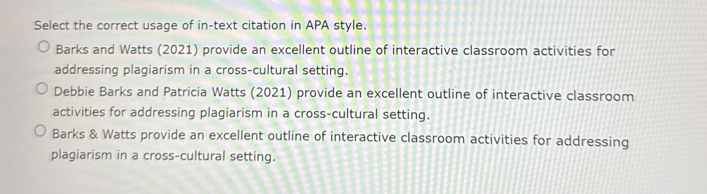 Select the correct usage of in-text citation in APA | Chegg.com