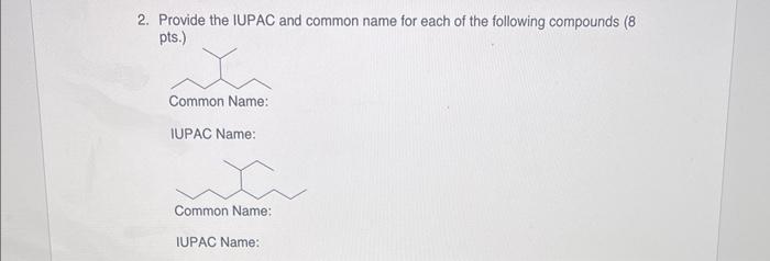 Solved 2. Provide the IUPAC and common name for each of the | Chegg.com