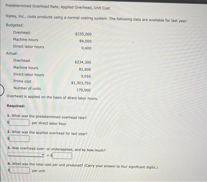 Solved Predetermined Overhead Rate, Applied Overhead, Unit | Chegg.com