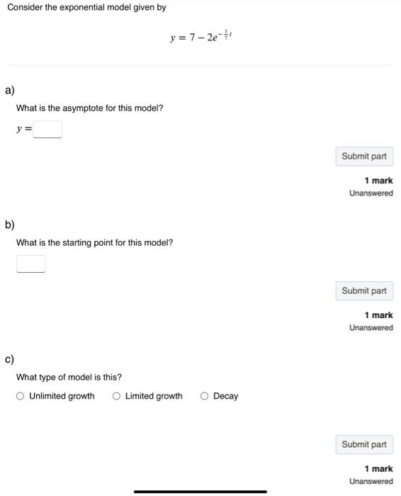 Solved Consider the exponential model given by y=7−2e−71t a) | Chegg.com