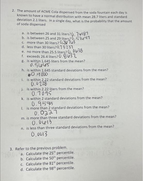 Solved 2. The amount of ACME Cola dispensed from the soda | Chegg.com