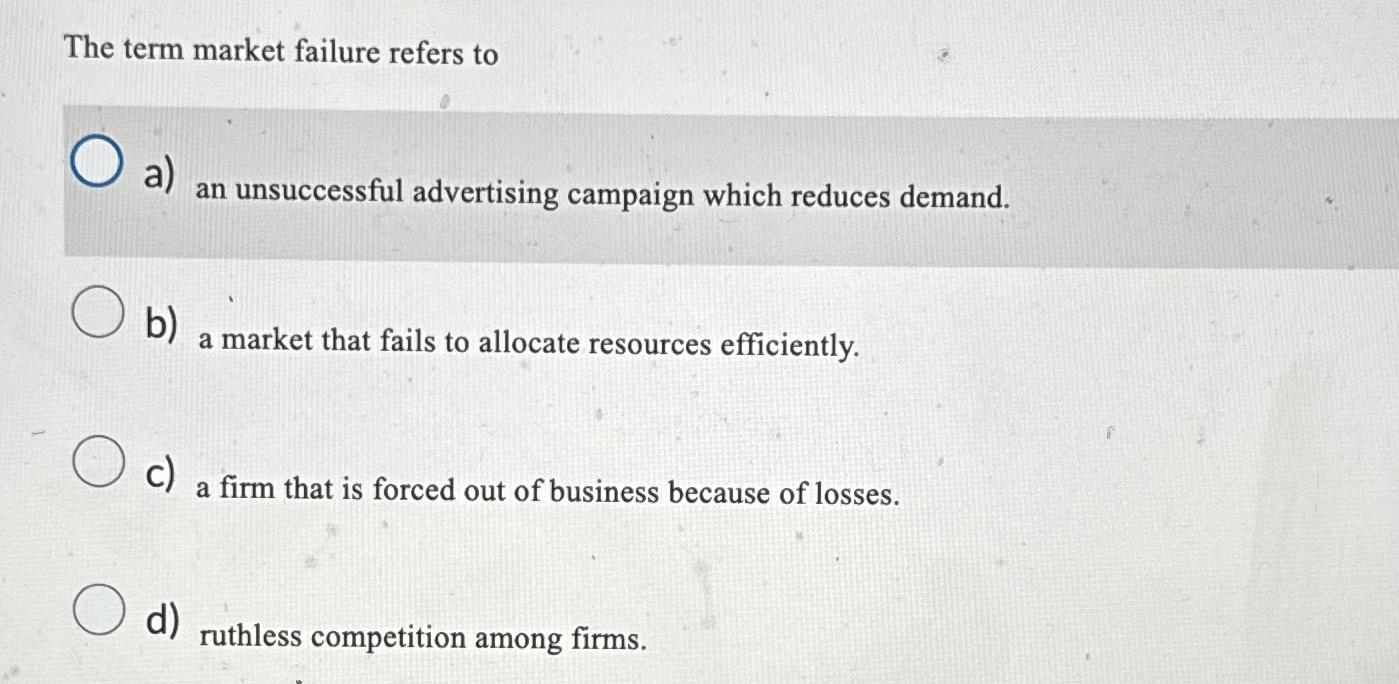 Solved The term market failure refers toa) ﻿an unsuccessful | Chegg.com