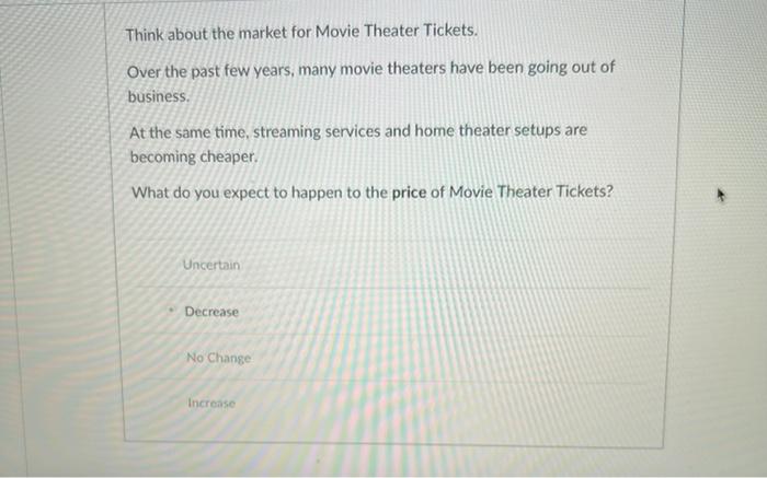 Solved Think about the market for Movie Theater Tickets. | Chegg.com