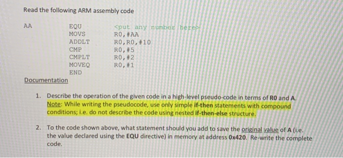 Solved Read the following ARM assembly code AA EQU MOVS | Chegg.com