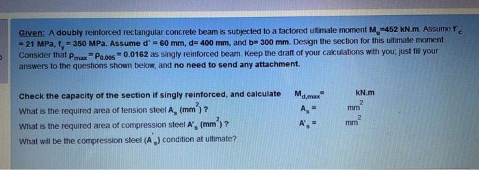 Solved Given: A doubly reinforced rectangular concrete beam | Chegg.com