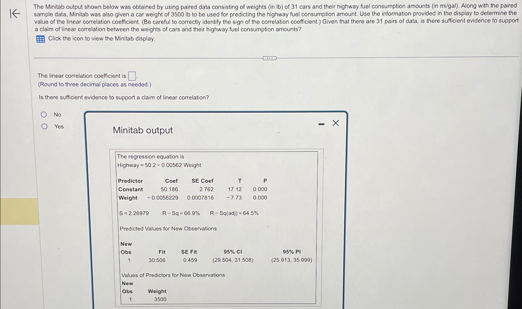 Solved The Minitab output shown below was obtained by using | Chegg.com