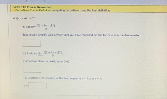 Solved Math 110 Course Resources - Derivatives Course Packet | Chegg.com