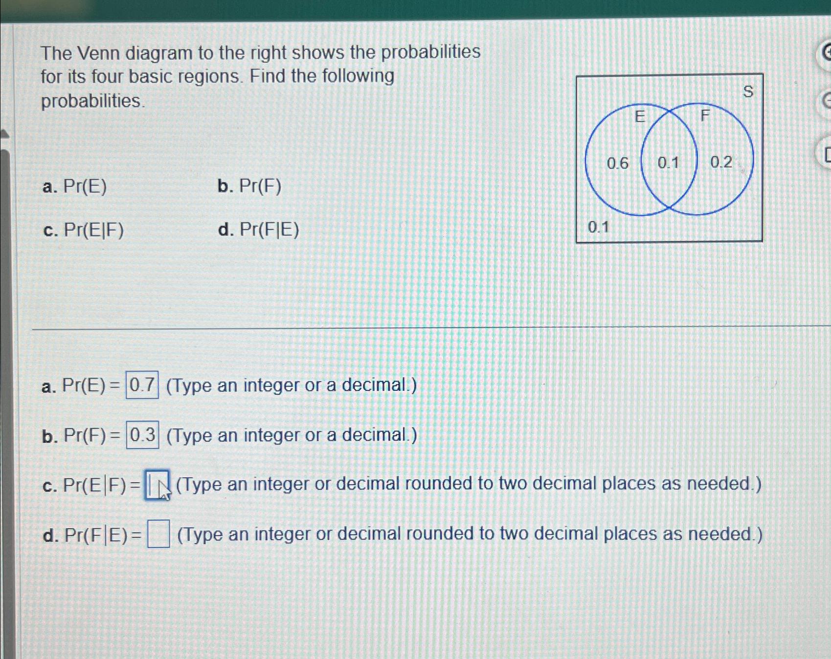 Solved The Venn diagram to the right shows the probabilities | Chegg.com