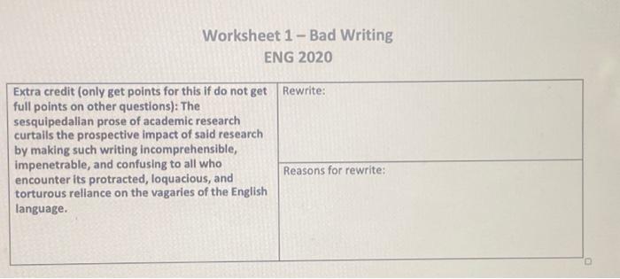 Worksheet 1 - Bad Writing ENG 2020 | Chegg.com